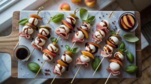 Mozzarella, Prosciutto, and Pickled Peach Skewers with Sweet Balsamic ...